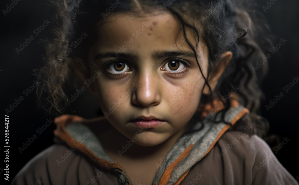 Small Orphaned Refugee Girl, alone and desperate, close up portrait ...