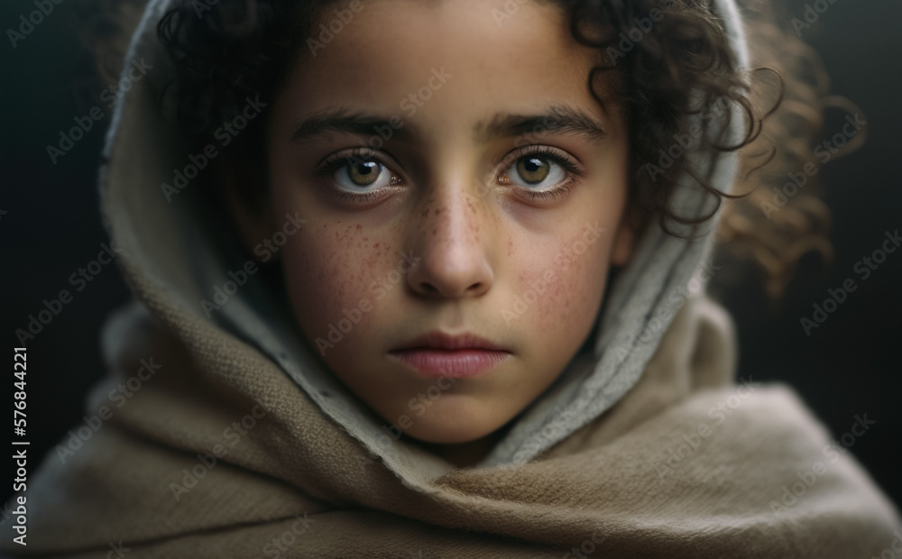 Small Orphaned Refugee Girl, alone and desperate, close up portrait ...