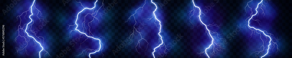 Thunder lightning isolated on black background. Lightnings set ...