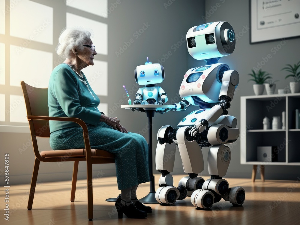 Future of geriatric care with robots in retirement home. AI generated ...