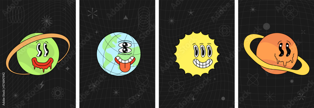 Retro groovy planet characters with melted smiley faces on abstract ...