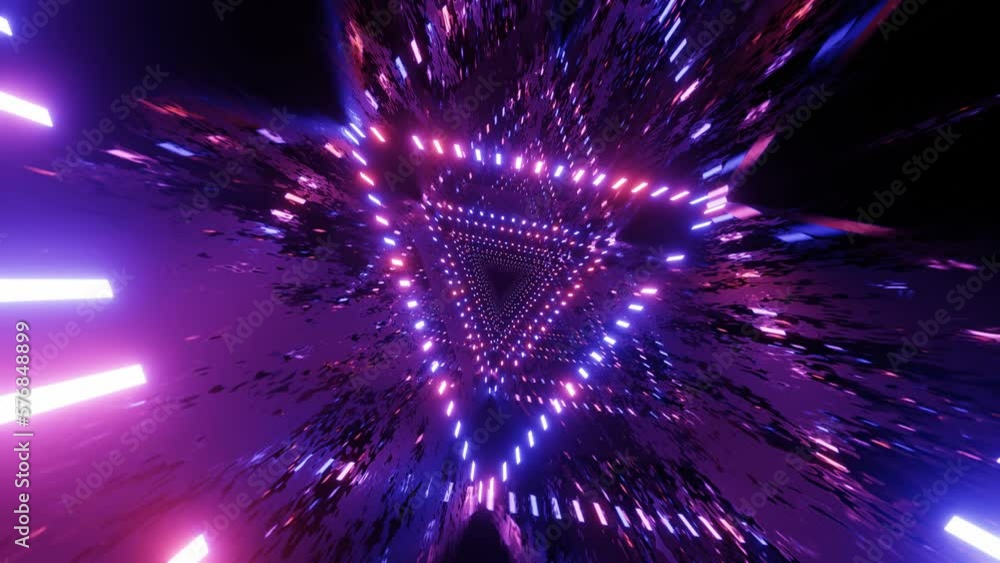 Vidéo Stock triangular neon tunnel. Fly through mirror tunnel with neon pattern, glow lines form ...