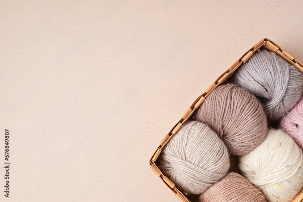 Craft knitting hobby background with yarn in natural colors ...