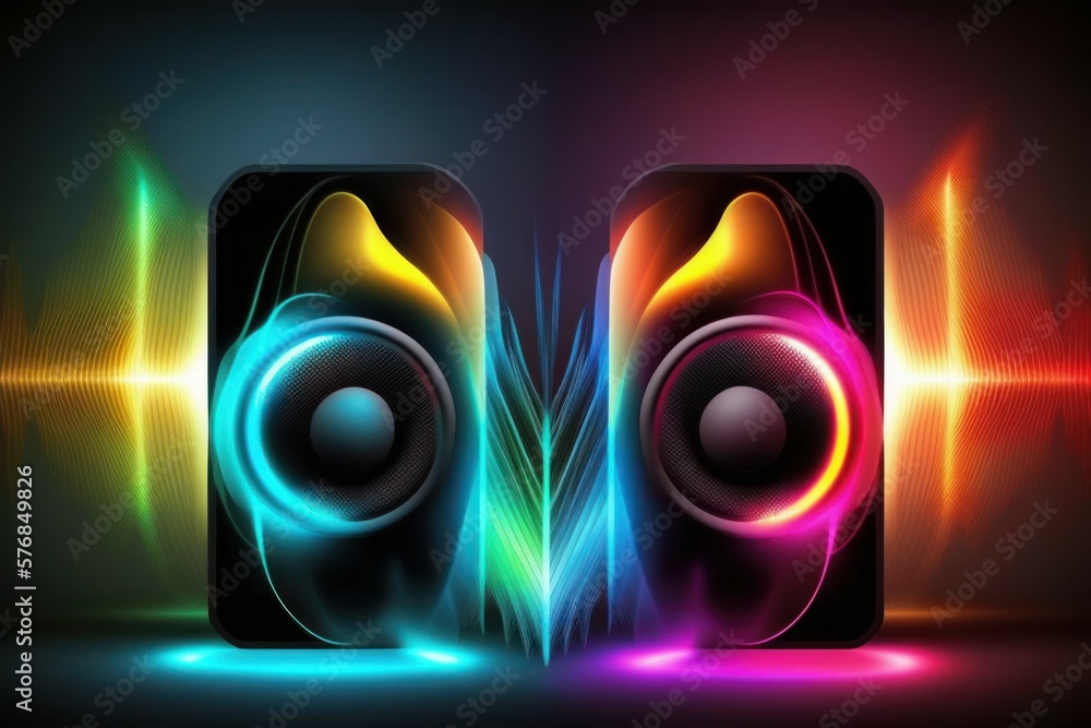 Two sound speakers in neon light with sound wave between them ...