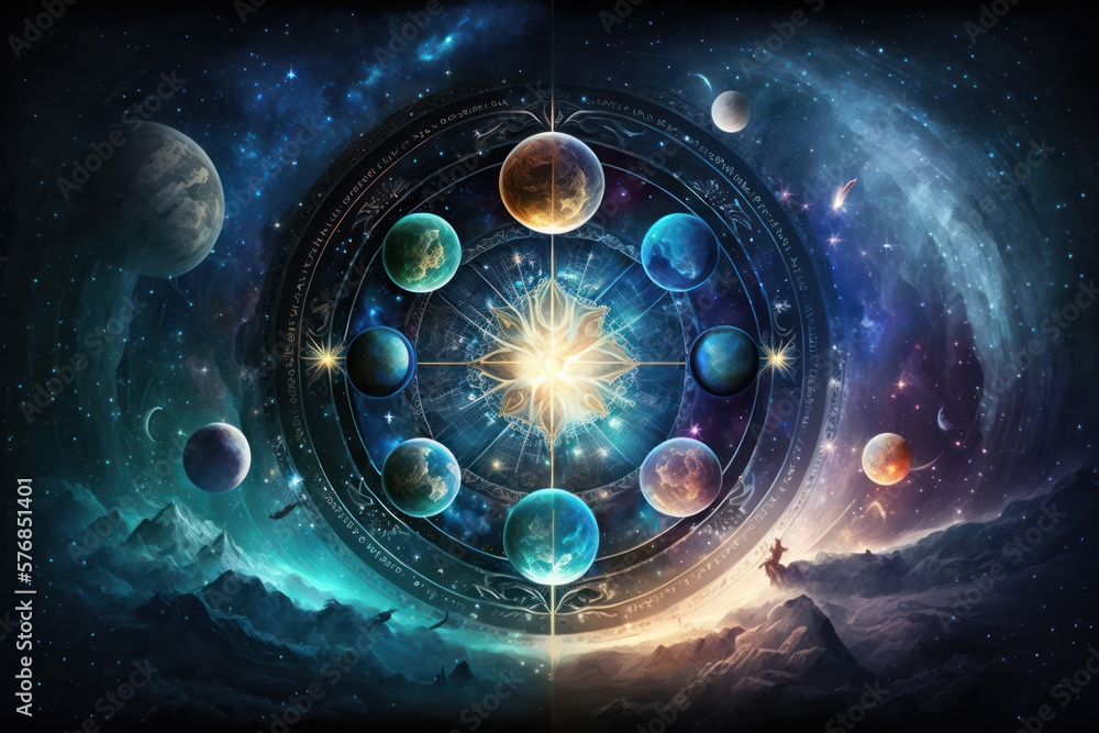 Zodiac symbols and sacred temple backdrop, astrology, alchemy, magic ...