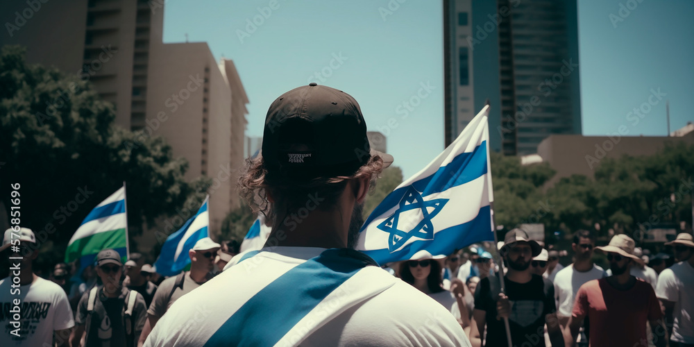 Crowd protest in Israel against the current government with the flags ...