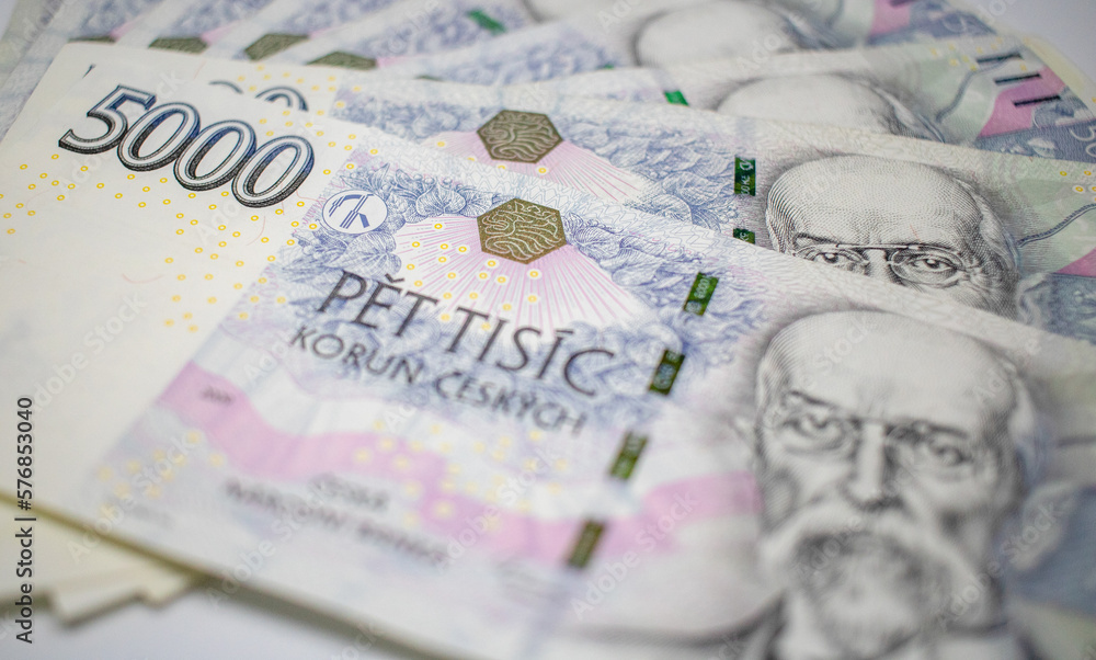 detail of czech banknotes in 5000 crown value with the portrait of a ...