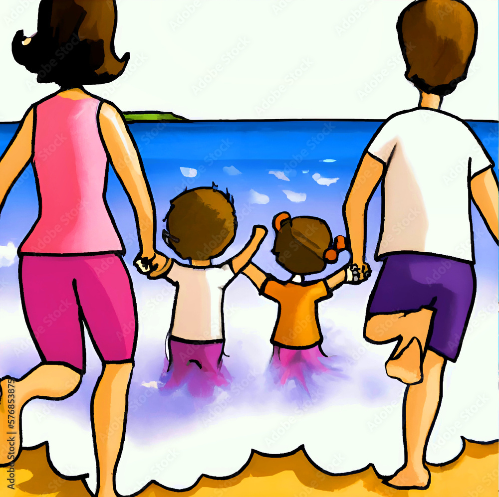 AI generative illustration of rear view cartoon family running into ...