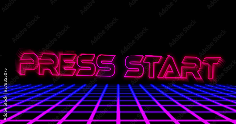 Composition of press start text in pink neon font over grid on black ...