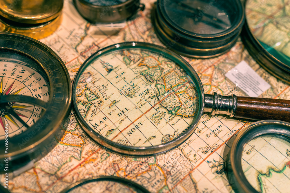 Authentic old vintage compass, magnifier, navigation tools for ...