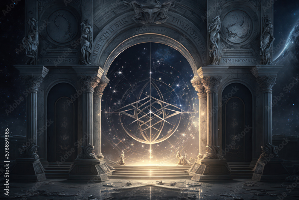 Zodiac symbols and sacred temple backdrop, astrology, alchemy, magic ...