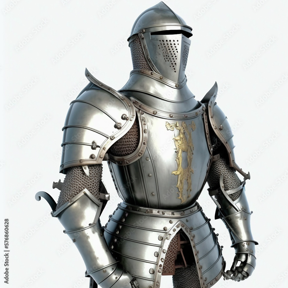 Ancient metal armor of a medieval knight warrior isolated on white ...