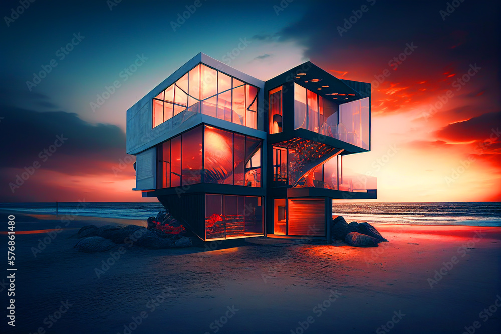 Prefab House at Beach on sunset. Suburban Townhouse near ocean ...