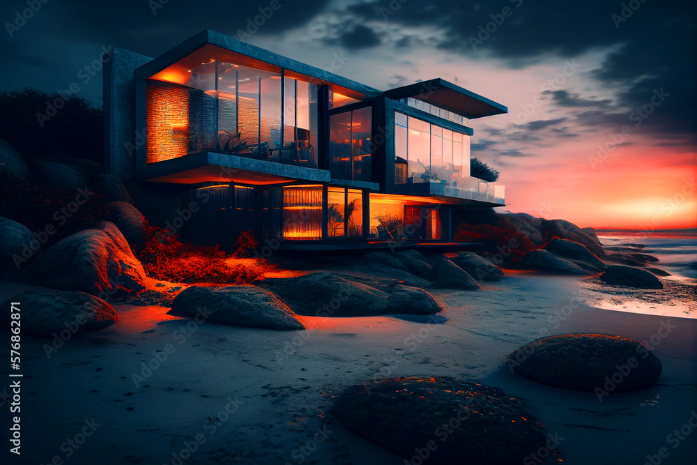 Prefab House at Beach on sunset. Suburban Townhouse near ocean ...