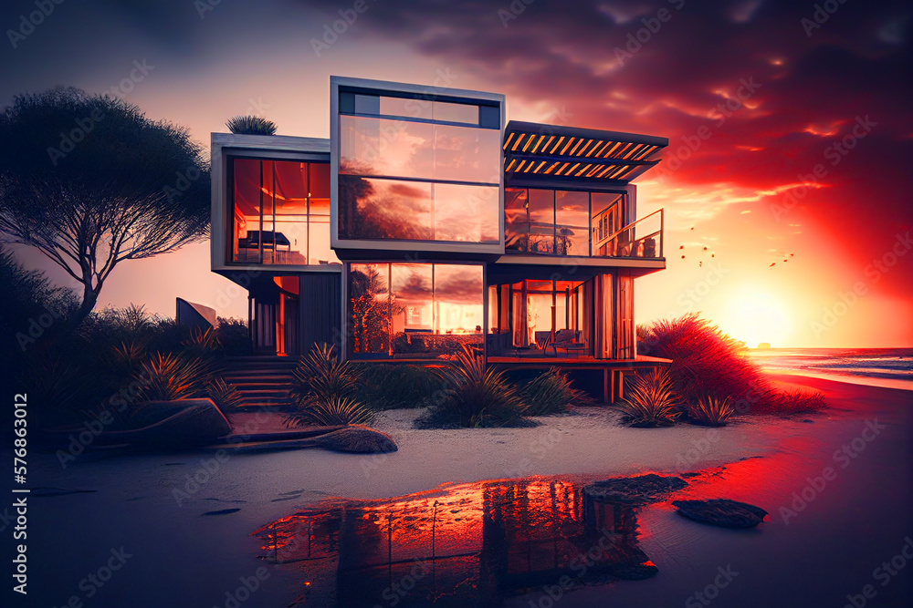 Prefab House at Beach on sunset. Suburban Townhouse near ocean ...