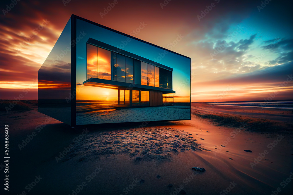 Prefab House at Beach on sunset. Suburban Townhouse near ocean ...