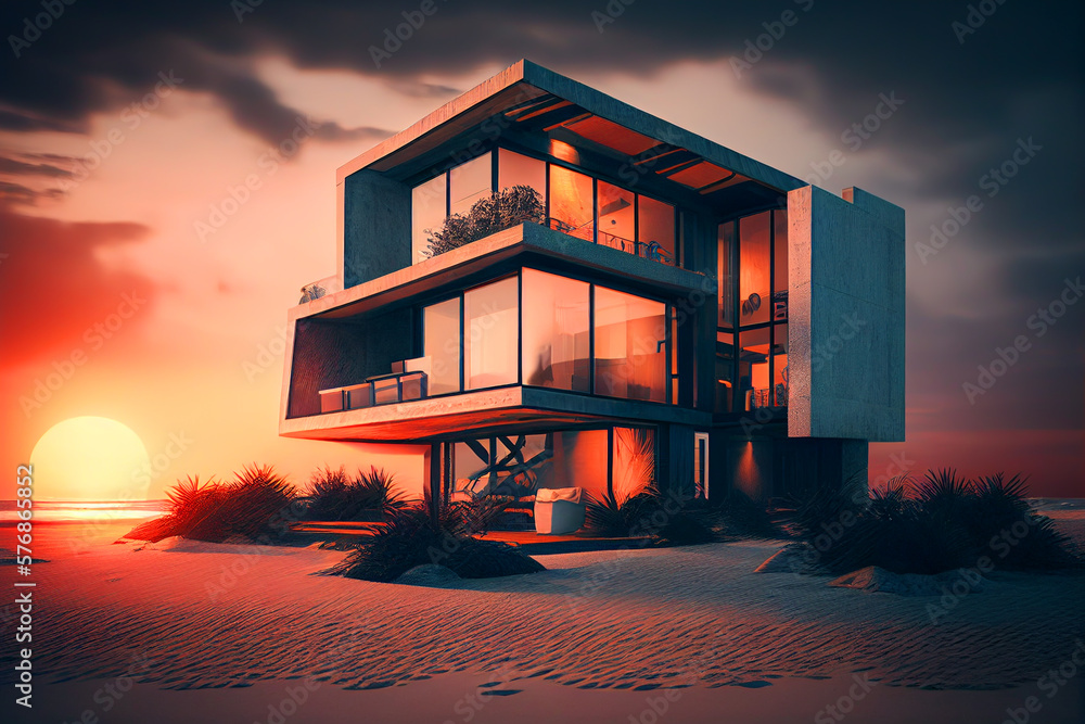 Prefab House at Beach on sunset. Suburban Townhouse near ocean ...
