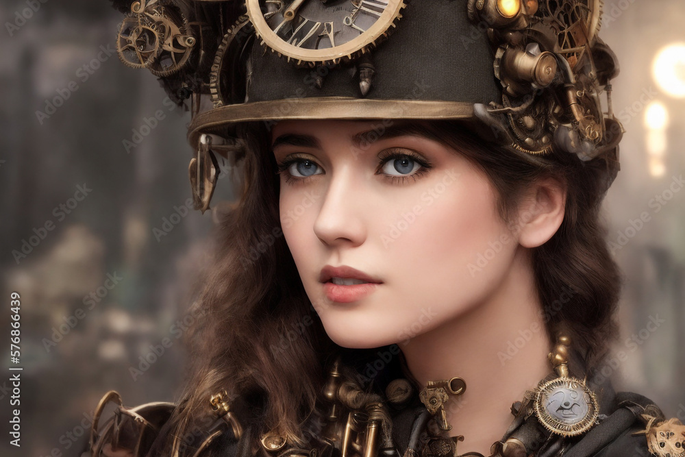 Portrait of a beautiful steampunk gray-eyed woman with lots of gears ...