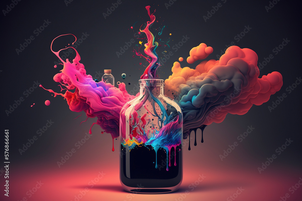 Chemical reaction with colored smoke, in the chemical flask during ...