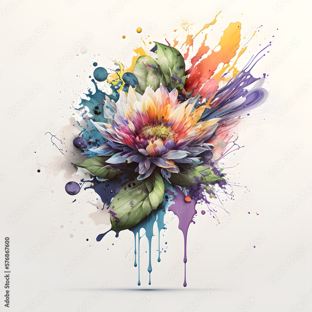 Watercolor stylized flowers with paint splashes,lotus flower. Bouquet ...