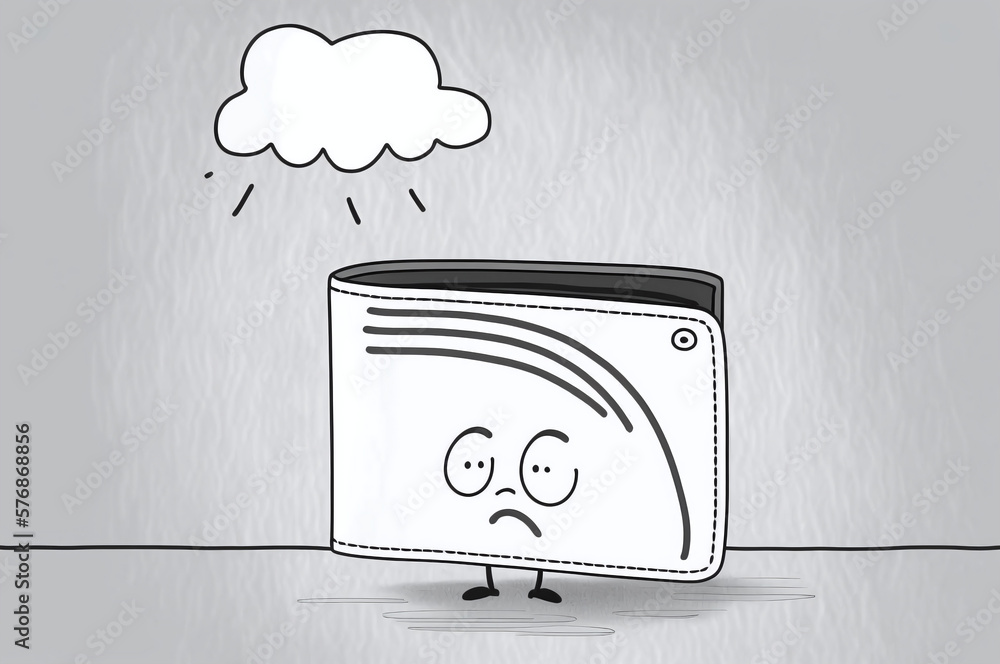 Sad wallet cartoon illustration black and white Stock Illustration ...