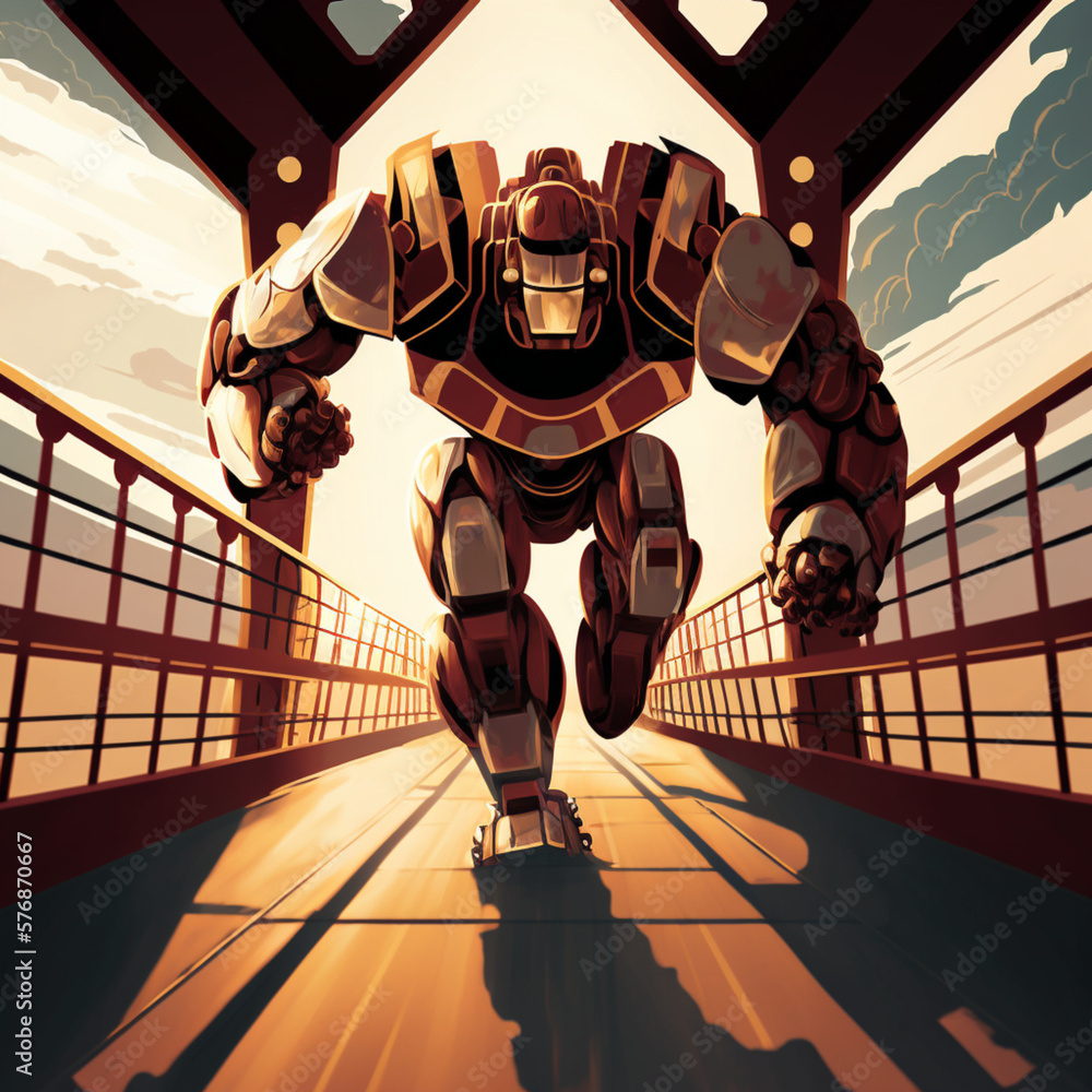 Grand robot cyborg en train de courir sur une passerelle ilustração do ...