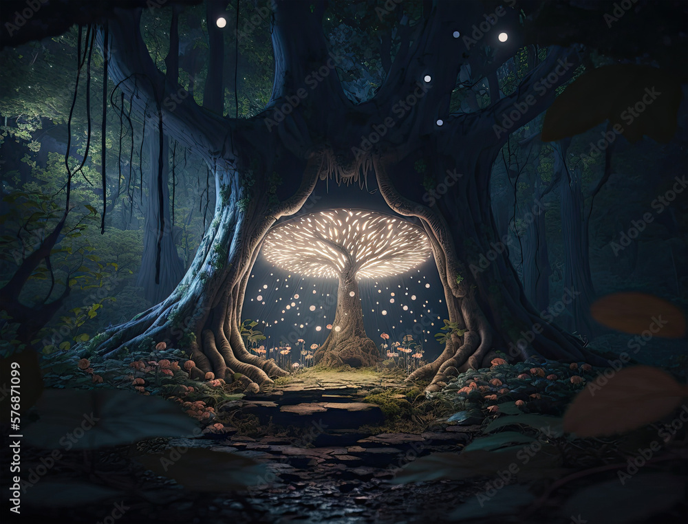 An enchanted forest with a massive tree at the center, glowing mushrooms and fireflies lighting ...