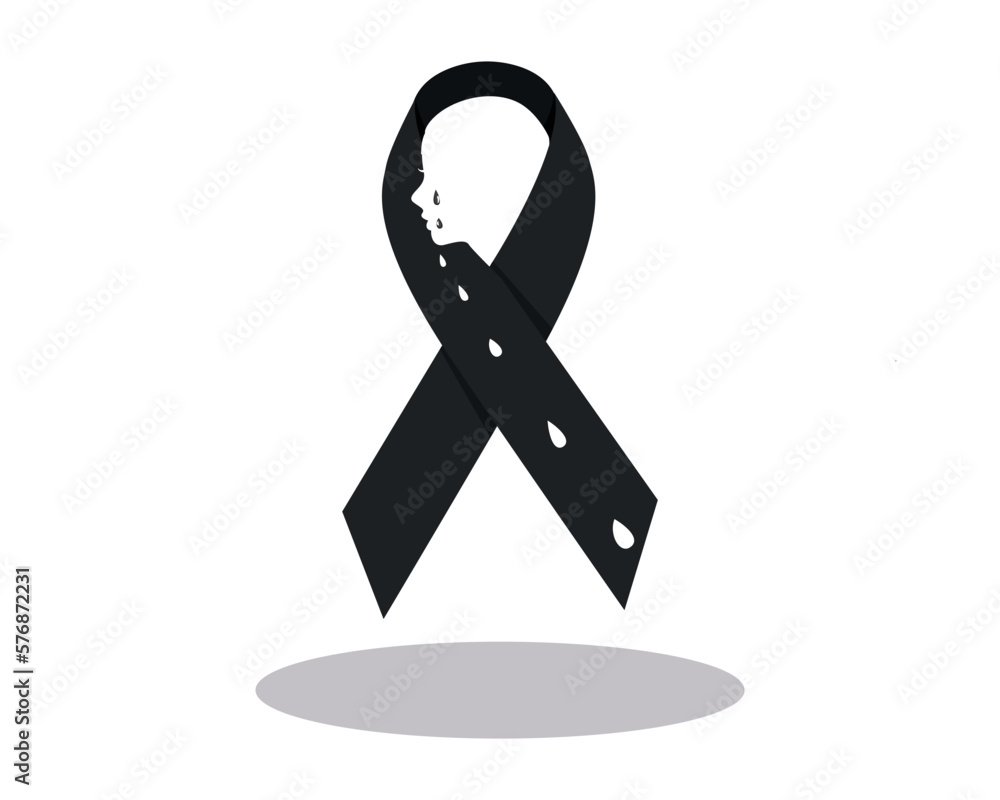 Black awareness ribbon over isolated white background. Mourning and ...