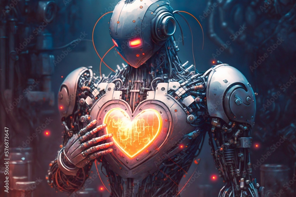 Humanoid robot with love heart in cyberpunk style. Valentine's Day ...