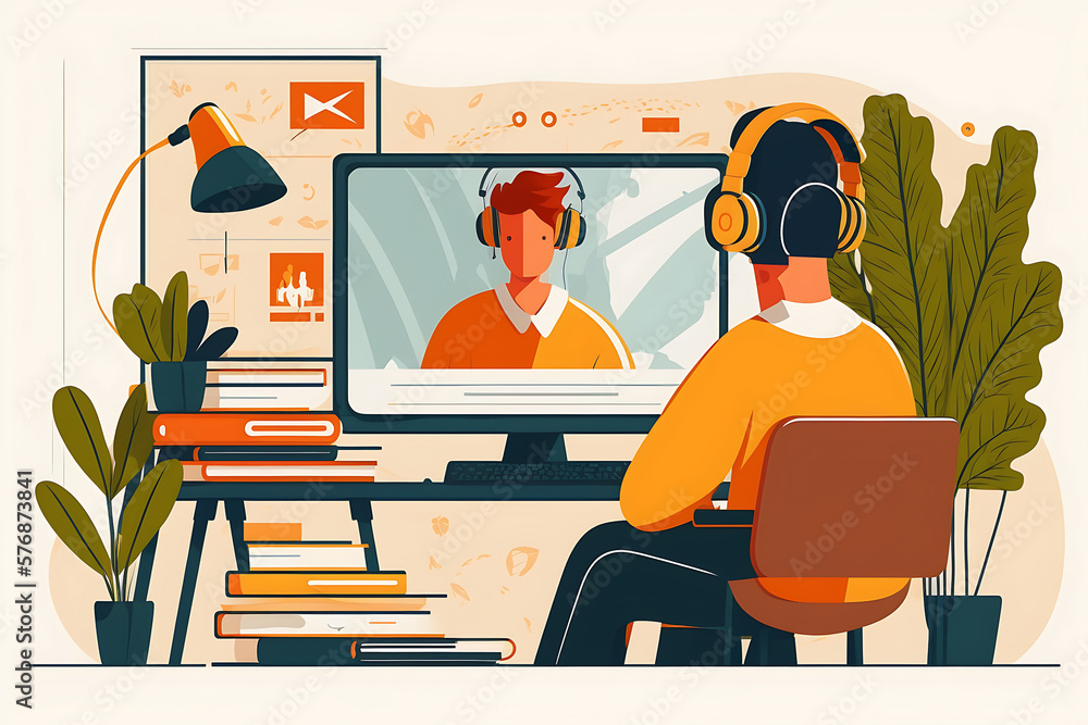 Flat vector illustration Male student wearing headset, conference video ...