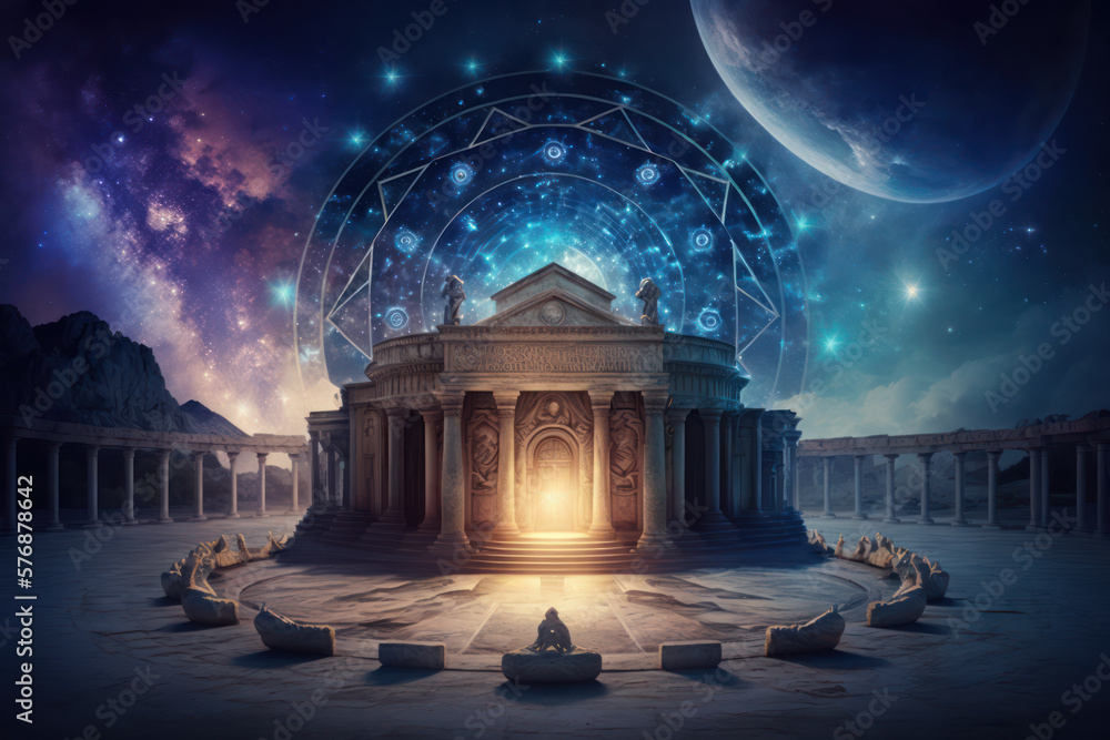 Zodiac symbols and sacred temple backdrop, astrology, alchemy, magic ...