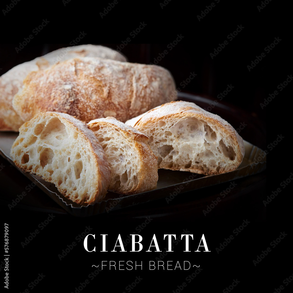 Close up to traditional Italian Ciabatta isolated on black background ...