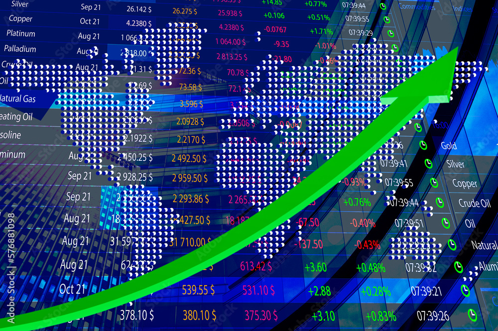 Stock exchange concept. Modern buildings, world map, data and arrow ...