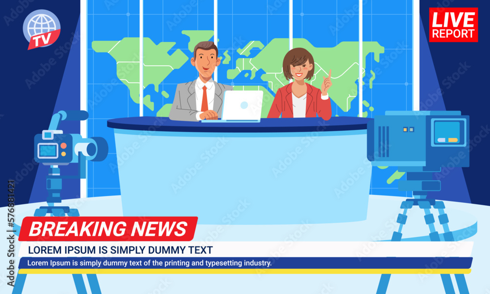 Couple news anchors reporting news in TV studio production presenters ...