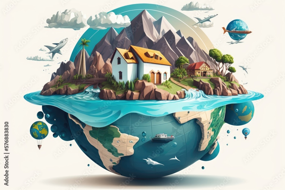 House, Mountains, Windmills, Cityscape, and Ocean Surrounding Earth ...