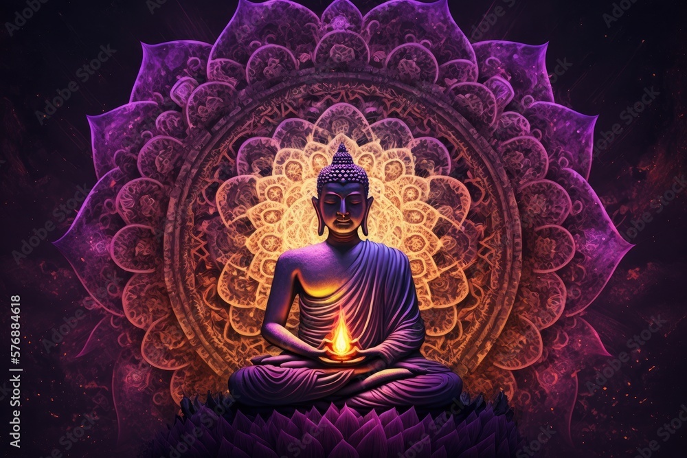 Buddha in the Light with Purple Mandala Background - Isolated Backdrop ...