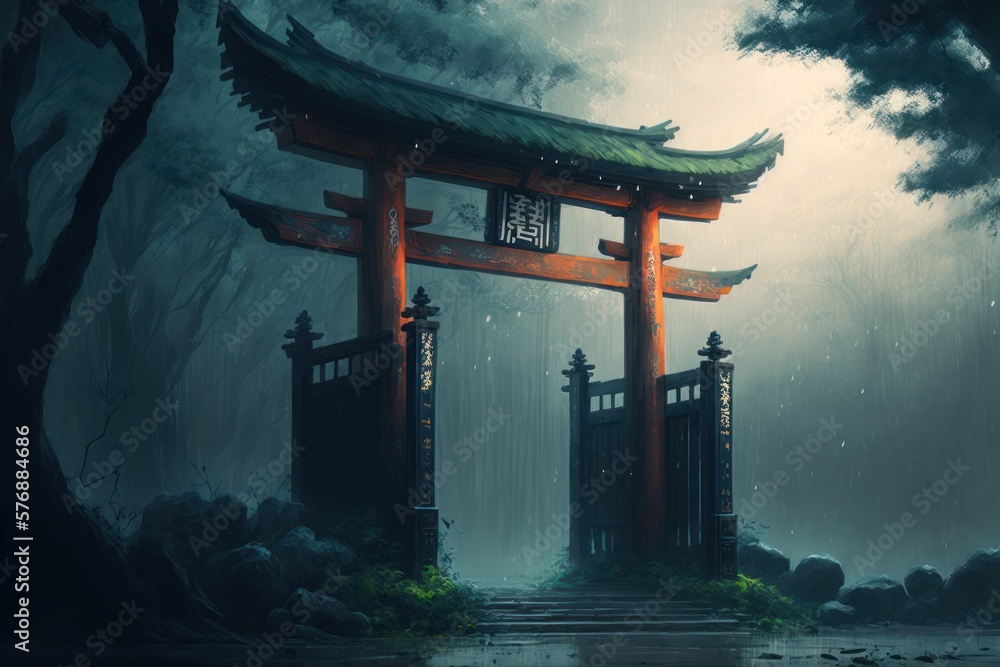 Ancient Fantasy Torii Gate in the Rain, Concept Art, Digital ...