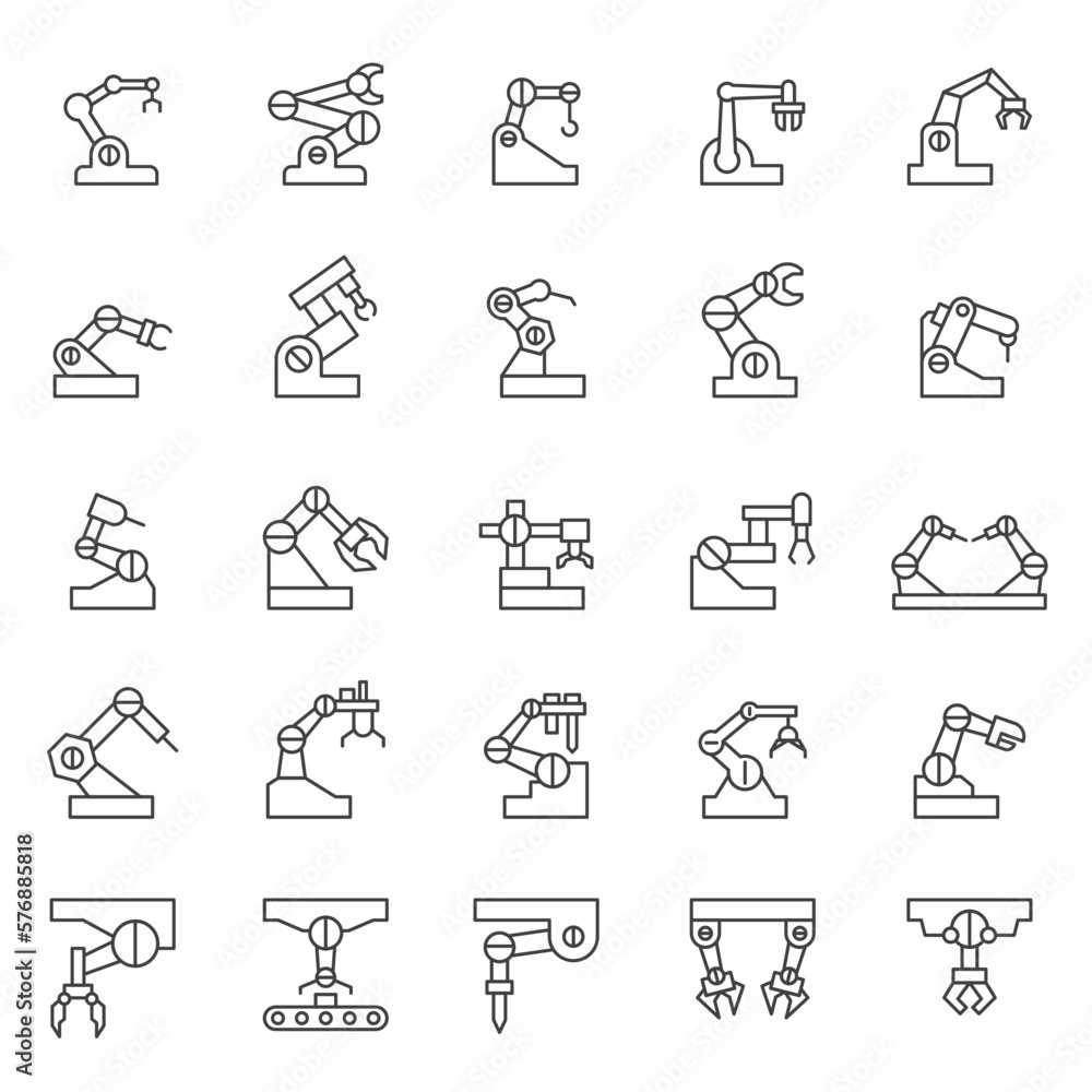 Industrial robot, icon set. Mechanical hydraulic robotic arm for ...