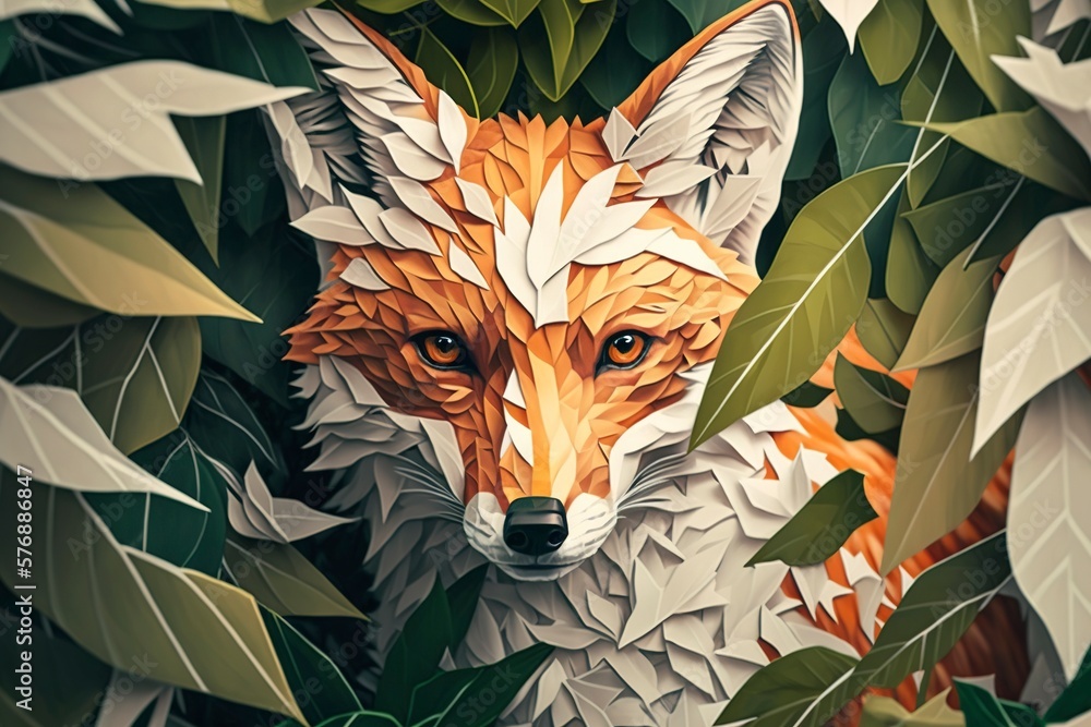 geometric face of a orange and white fox looks intently from behind the ...