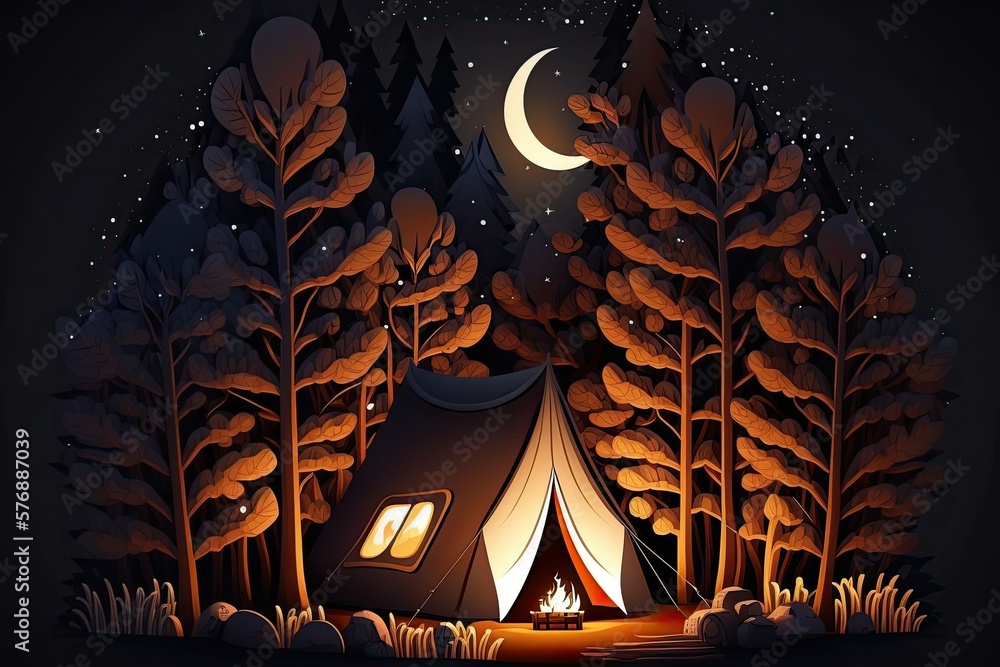 Nighttime campers in the woods. Tent with bonfire glowing in the ...