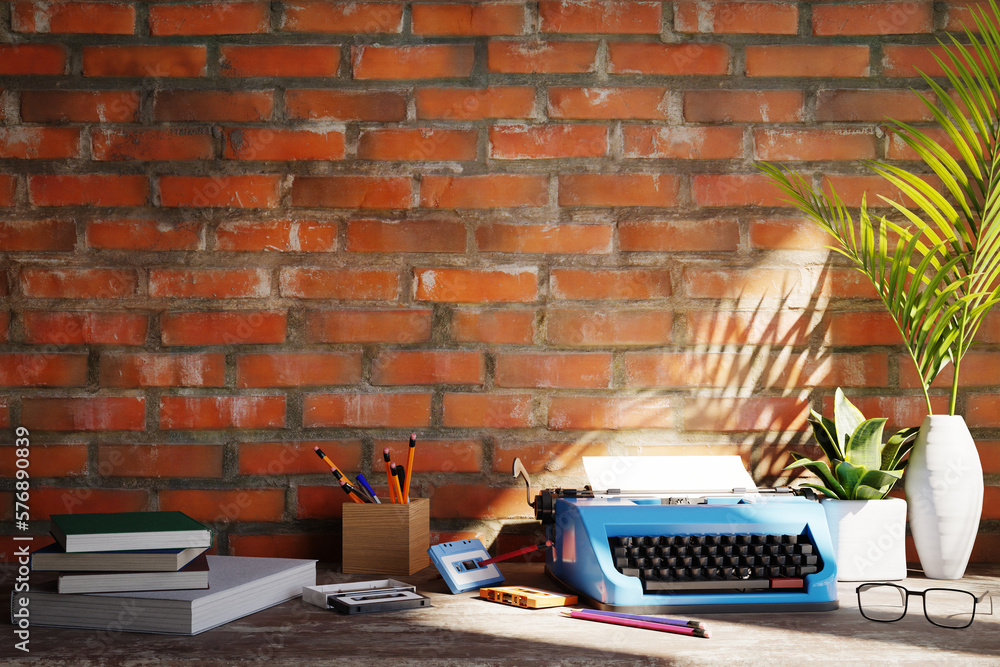 A retro desk background with a red brick wall with an old typewriter ...