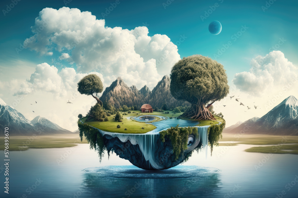 Surreal floating landscape with river flowing over lush green grass and ...