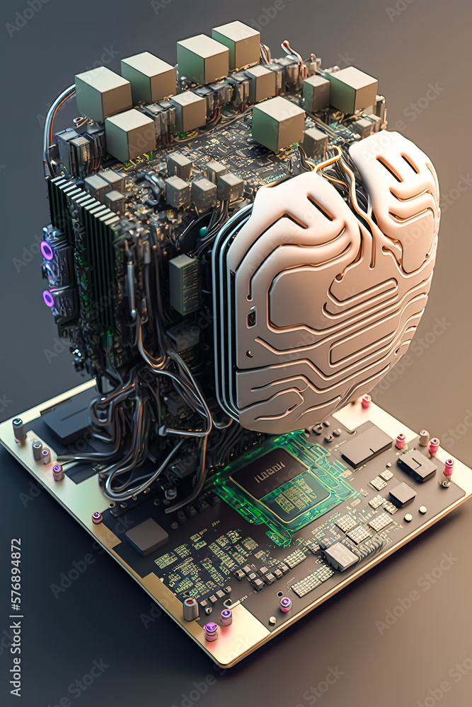 Computer Main Board With Ai Electronic Brain On Top For Futuristic Robotic Ai Concept