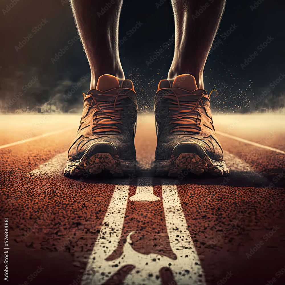 Runner Sport athlete foot and sneaker standing on running track ready ...