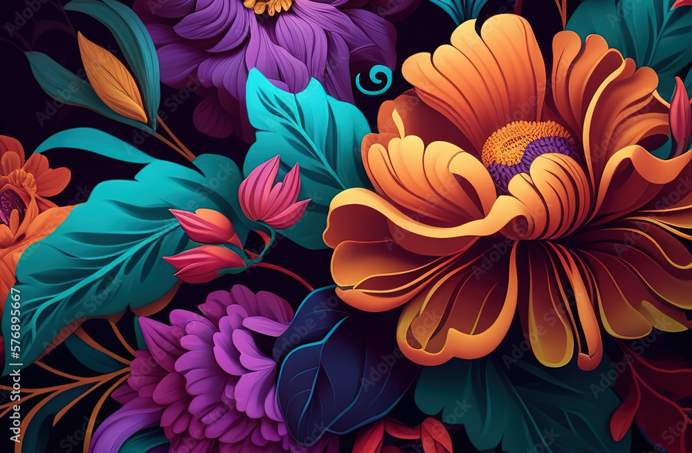 Elegant vibrant floral wallpaper with a seamless damask pattern ...