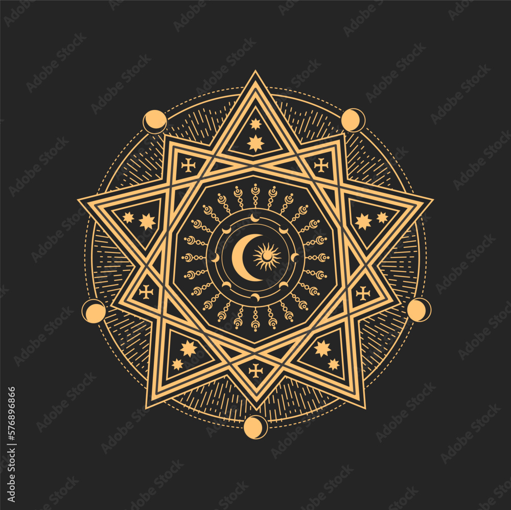 Esoteric occult vector sign with moon crescent, Sun and powerful ...