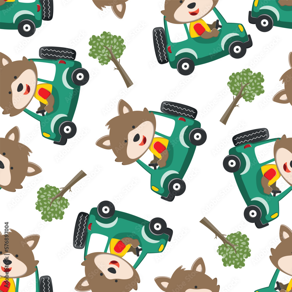 Seamless pattern of cute little fox driving a car go to forest funny ...