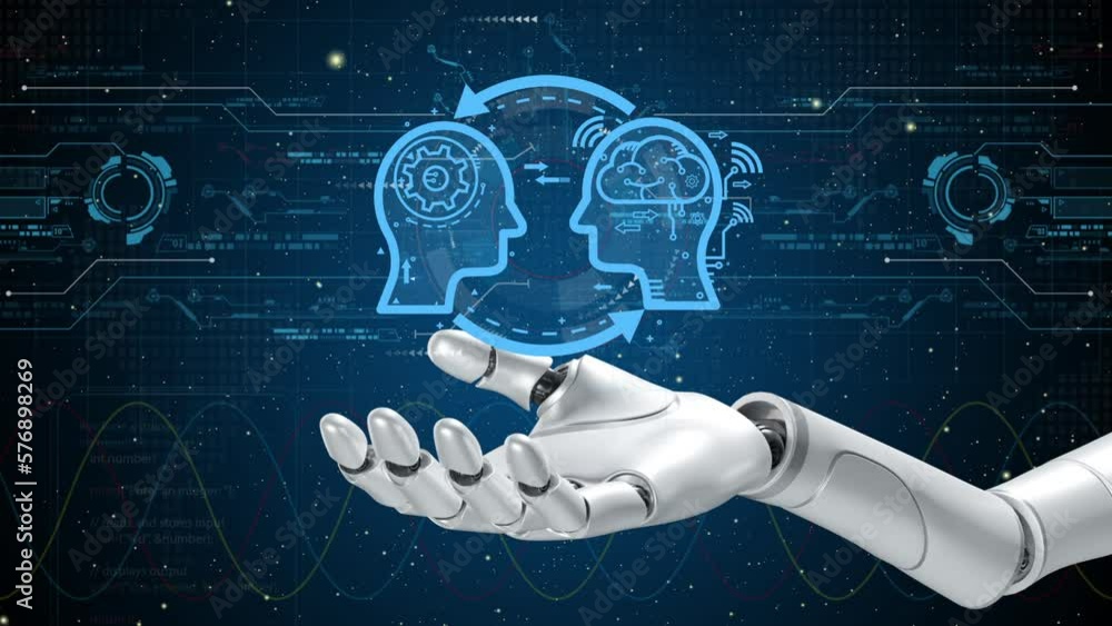 Robot hand showing AI artificial intelligence icon on future virtual ...