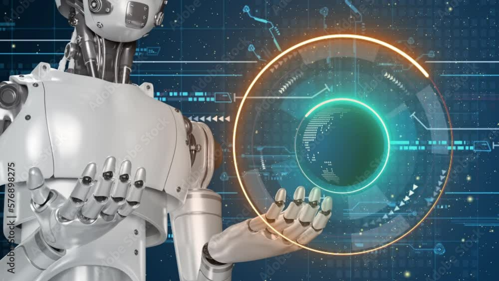Robot shows rotating virtual earth hologram with innovation technology ...