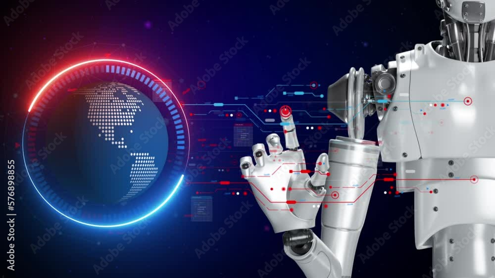 Robot shows rotating virtual earth hologram with innovation technology ...